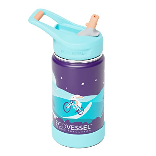 EcoVessel Frost Stainless Steel Kids Water Bottle with Straw Lid, Leak Proof Bottle with Carry Handle & Bottle Bumper, Kids Water Bottle for School - 12oz (Bunnyhop)