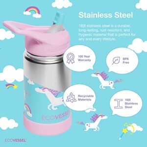 EcoVessel Frost Stainless Steel Kids Water Bottle with Straw Lid, Leak Proof Bottle with Carry Handle & Bottle Bumper, Kids Water Bottle for School - 12oz (Bunnyhop)