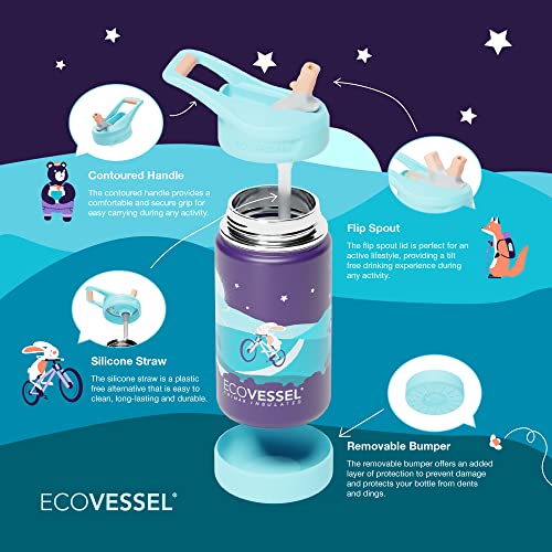 EcoVessel Frost Stainless Steel Kids Water Bottle with Straw Lid, Leak Proof Bottle with Carry Handle & Bottle Bumper, Kids Water Bottle for School - 12oz (Bunnyhop)