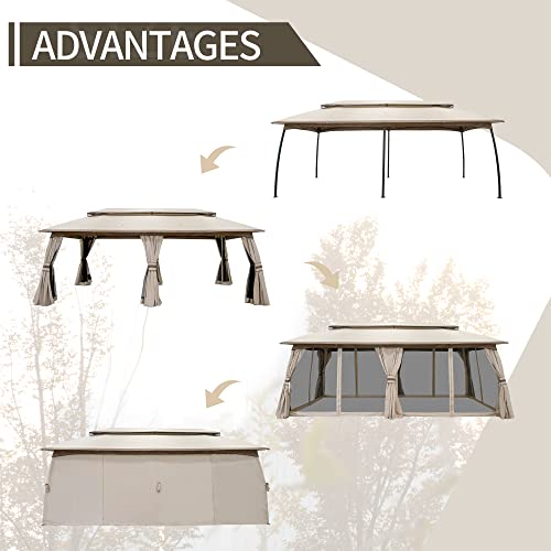 Joyside 10x20 ft Outdoor Gazebo, Double-Tier Roof Gazebo Tent with Curtains and Nettings, Patio Spacious Carport Gazebo with Metal Steel Frame Suitable for Lawn, Backyard Patio, Beige