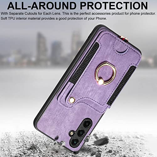 A14 5G Case,Card Holder Wallet for Galaxy A14 5G Phone Case,Ring Holder Stand,RFID-Blocking,Wrist Strap,Camera Protector,Leather Protective Magnetic Flip Cover for Samsung A14 5G Case (Purple)