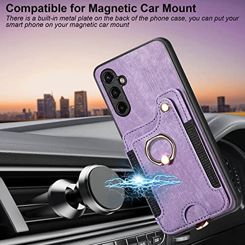 A14 5G Case,Card Holder Wallet for Galaxy A14 5G Phone Case,Ring Holder Stand,RFID-Blocking,Wrist Strap,Camera Protector,Leather Protective Magnetic Flip Cover for Samsung A14 5G Case (Purple)