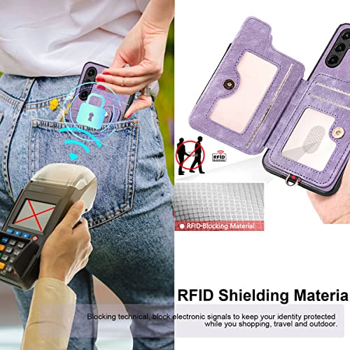 A14 5G Case,Card Holder Wallet for Galaxy A14 5G Phone Case,Ring Holder Stand,RFID-Blocking,Wrist Strap,Camera Protector,Leather Protective Magnetic Flip Cover for Samsung A14 5G Case (Purple)