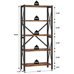 Homeiju 5-Tier Bookshelf, Wood Bookcase, Book Shelf with Steel Frame, Storage Rack with Open Shelves, Rustic Standing Bookshelves, Ladder Shelf for Bedroom, Living Room and Home Office