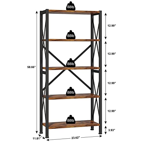 Homeiju 5-Tier Bookshelf, Wood Bookcase, Book Shelf with Steel Frame, Storage Rack with Open Shelves, Rustic Standing Bookshelves, Ladder Shelf for Bedroom, Living Room and Home Office