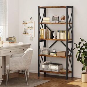 Homeiju 5-Tier Bookshelf, Wood Bookcase, Book Shelf with Steel Frame, Storage Rack with Open Shelves, Rustic Standing Bookshelves, Ladder Shelf for Bedroom, Living Room and Home Office