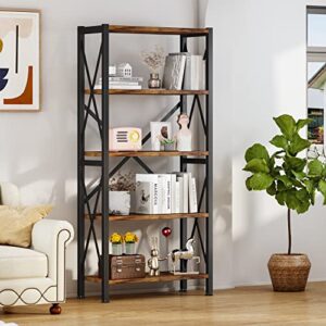 Homeiju 5-Tier Bookshelf, Wood Bookcase, Book Shelf with Steel Frame, Storage Rack with Open Shelves, Rustic Standing Bookshelves, Ladder Shelf for Bedroom, Living Room and Home Office