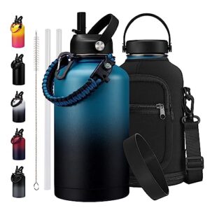 rryfour half gallon water-bottle with straw - 64oz stainless steel water bottles with paracord handle & carrier bag, leak-proof insulated waterbottle metal flask for gym, sport hydro jug for hiking