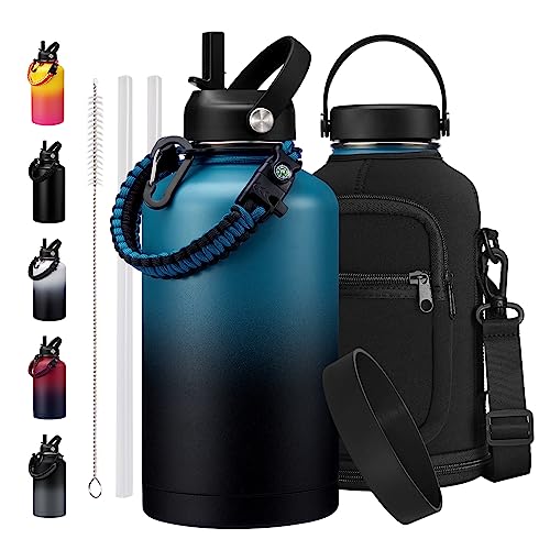 RRYFOUR Half Gallon Water-Bottle with Straw - 64oz Stainless Steel Water Bottles with Paracord Handle & Carrier Bag, Leak-proof Insulated Waterbottle Metal Flask for Gym, Sport Hydro Jug for Hiking