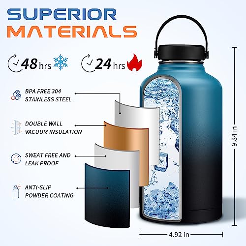 RRYFOUR Half Gallon Water-Bottle with Straw - 64oz Stainless Steel Water Bottles with Paracord Handle & Carrier Bag, Leak-proof Insulated Waterbottle Metal Flask for Gym, Sport Hydro Jug for Hiking