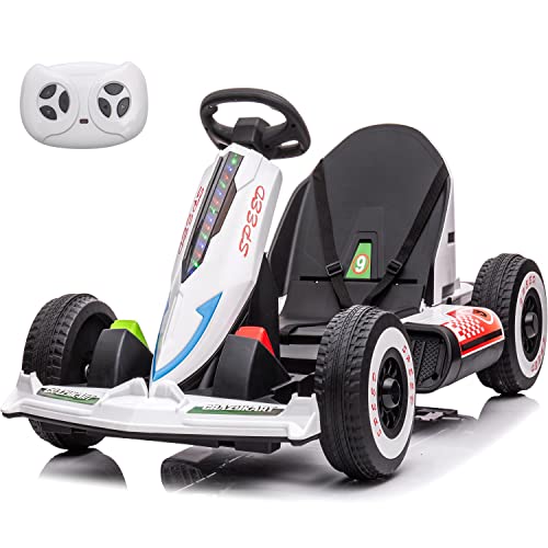 PRIME CLUB Electric Go Kart 12V Ride on Car Racer Pedal Car with Remote Control Brake Music USB Port,Adjustable Length Birthday for 37-95 Months Boys Girls (White)