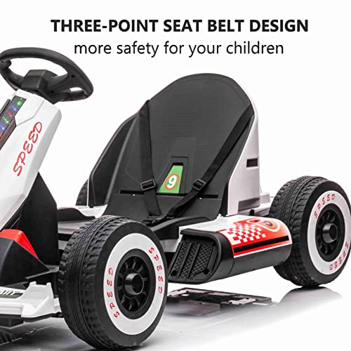 PRIME CLUB Electric Go Kart 12V Ride on Car Racer Pedal Car with Remote Control Brake Music USB Port,Adjustable Length Birthday for 37-95 Months Boys Girls (White)