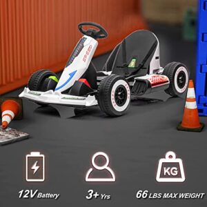 PRIME CLUB Electric Go Kart 12V Ride on Car Racer Pedal Car with Remote Control Brake Music USB Port,Adjustable Length Birthday for 37-95 Months Boys Girls (White)