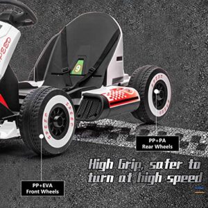 PRIME CLUB Electric Go Kart 12V Ride on Car Racer Pedal Car with Remote Control Brake Music USB Port,Adjustable Length Birthday for 37-95 Months Boys Girls (White)