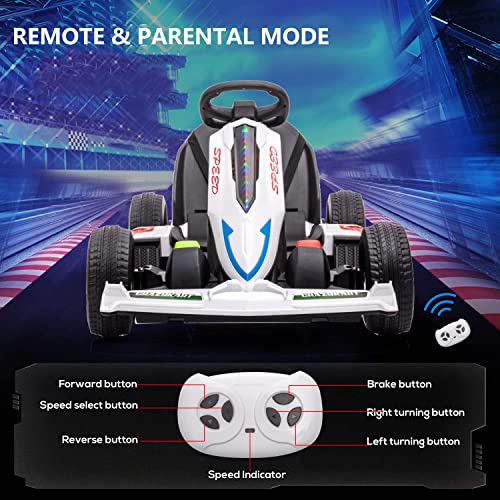 PRIME CLUB Electric Go Kart 12V Ride on Car Racer Pedal Car with Remote Control Brake Music USB Port,Adjustable Length Birthday for 37-95 Months Boys Girls (White)