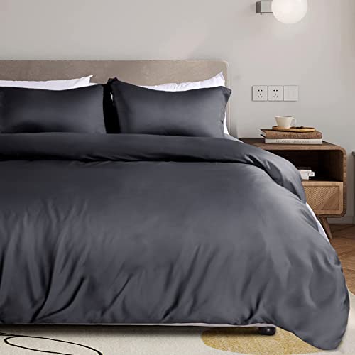 NEXHOME PRO 100% Organic Bamboo Duvet Cover Set Queen - Lightweight Summer Cooling Comforter Cover for Hot Sleepers 90"x90" 3pcs Breathable Dark Grey Bedding with Corner Ties,Zipper Closure,No Insert