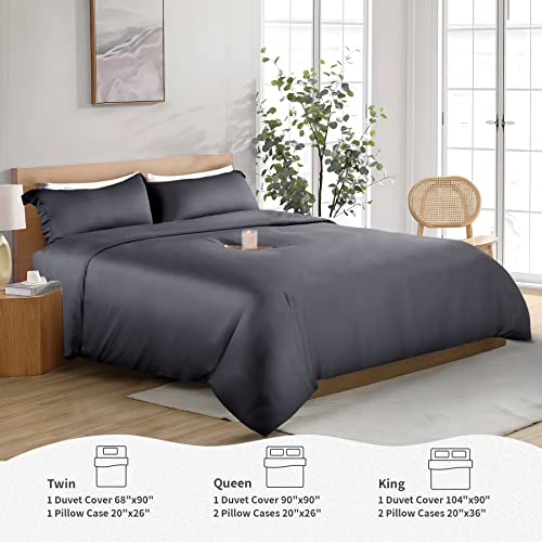 NEXHOME PRO 100% Organic Bamboo Duvet Cover Set Queen - Lightweight Summer Cooling Comforter Cover for Hot Sleepers 90"x90" 3pcs Breathable Dark Grey Bedding with Corner Ties,Zipper Closure,No Insert