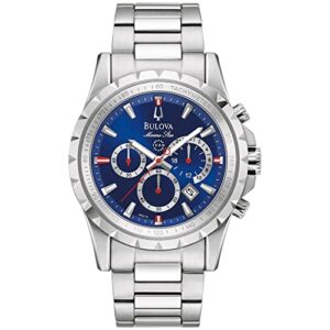 bulova men’s marine star 6-hand quartz chronograph stainless steel watch, blue dial, tachymeter, 100m water resistant (model: 96b174)