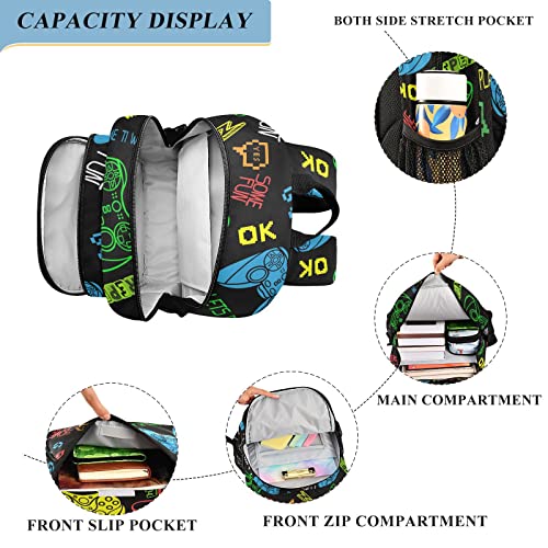 Vnurnrn Kids Backpack Abstract Pattern in Game Style Print Big Storage Multi Pockets 17.7 IN School Backpack with Chest Buckle Reflective Strip for Boys Girls 6+ years in Primary Middle High School