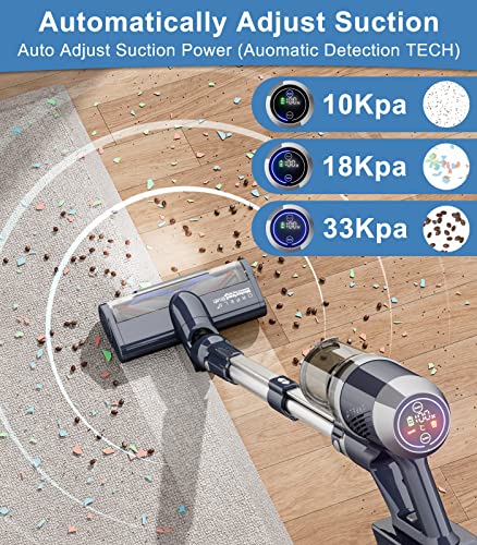 ORFELD Cordless Vacuum Cleaner, 33Kpa Stick Vacuum, Smart LED Touch Screen Cordless Vacuum, Max 60mins Runtime, 6 in 1 Lightweight Handheld Quiet Vacuum Cordless for Pet Hair, Carpet & Hardwood Floor