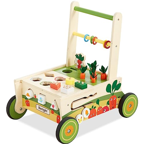 Beright 12-in-1 Wooden Baby Walker, Push and Pull Learning Activity Walker, Multiple Activities Center, Shape Sorting, Grocery Cart Push Toy and Puzzles, Develops Motor Skills & Stimulates