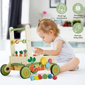 Beright 12-in-1 Wooden Baby Walker, Push and Pull Learning Activity Walker, Multiple Activities Center, Shape Sorting, Grocery Cart Push Toy and Puzzles, Develops Motor Skills & Stimulates