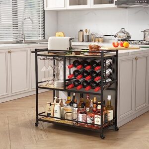 Lifewit Bar Cart for The Home, 3 Tier Drink Cart with Lockable Wheels, 12 Wine Rack and 3 Rows Glass Holders, Liquor Serving Cart for Kitchen Dining Livingroom, 31.6" x 13.1" x 33.9", Rustic Brown