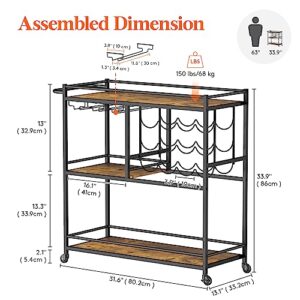 Lifewit Bar Cart for The Home, 3 Tier Drink Cart with Lockable Wheels, 12 Wine Rack and 3 Rows Glass Holders, Liquor Serving Cart for Kitchen Dining Livingroom, 31.6" x 13.1" x 33.9", Rustic Brown