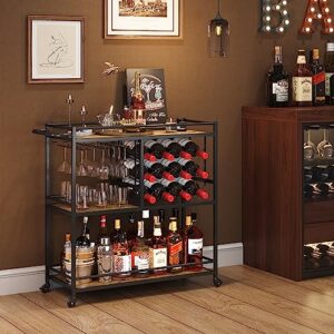 Lifewit Bar Cart for The Home, 3 Tier Drink Cart with Lockable Wheels, 12 Wine Rack and 3 Rows Glass Holders, Liquor Serving Cart for Kitchen Dining Livingroom, 31.6" x 13.1" x 33.9", Rustic Brown