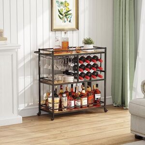 Lifewit Bar Cart for The Home, 3 Tier Drink Cart with Lockable Wheels, 12 Wine Rack and 3 Rows Glass Holders, Liquor Serving Cart for Kitchen Dining Livingroom, 31.6" x 13.1" x 33.9", Rustic Brown