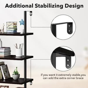 pickpiff Ladder Shelf Bookcase 5 Tier, Extra Sturdy Modern Bookshelf Wall Mounted, Tall Black Open Book Shelf, Standing Industrial Metal Frame with Wooden Shelves