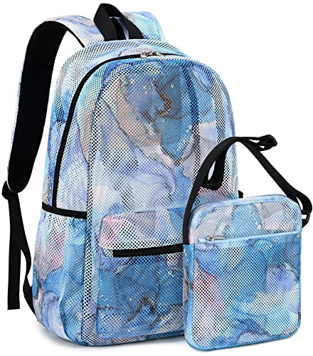 LEDAOU Kids Mesh Backpack 2pcs Set Semi-Transparent Mesh Bookbag with Crossbody Messenger Bag See Through School Backpack Lightweight Casual Daypacks (Marble Blue)