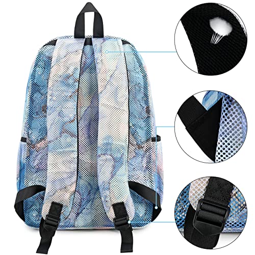 LEDAOU Kids Mesh Backpack 2pcs Set Semi-Transparent Mesh Bookbag with Crossbody Messenger Bag See Through School Backpack Lightweight Casual Daypacks (Marble Blue)