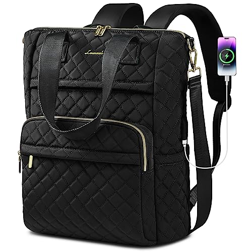 LOVEVOOK Laptop Backpack for Women 17 inch,Diamond Quilted Convertible Backpack Tote Laptop Computer Work Bag,Cute Womens Travel Backpack Purse College Teacher Carry on Back pack with USB Port,Black