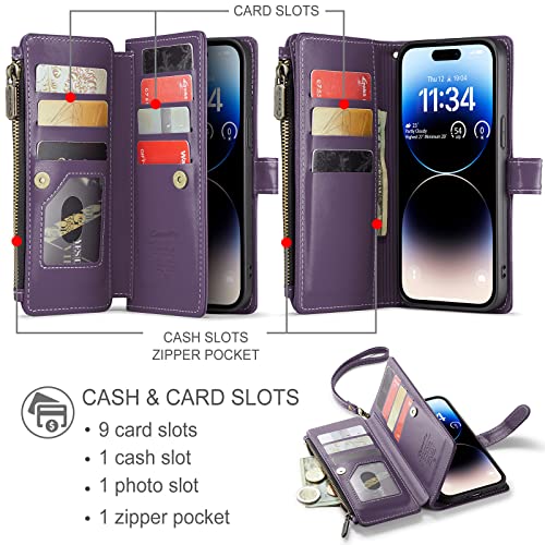 CaseMe iPhone 14 Pro Max Wallet Case, iPhone 14 Pro Max Case with Card Holder, iPhone 14 Pro Max Leather Case for Women Men, Premium iPhone 14 Pro Max Case with Kickstand Strap Zipper, Purple