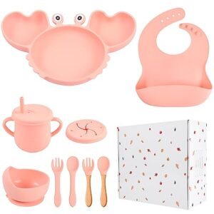 baby feeding set, 9 in 1 silicone toddler weaning set- adjustable bib, crab pattern divided plate, sucking bowl, 2 pairs of feeding spoons and forks, snack cup, drinking cup for babies and toddler