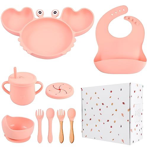 Baby Feeding Set, 9 in 1 Silicone Toddler Weaning Set- Adjustable Bib, Crab Pattern Divided Plate, Sucking Bowl, 2 Pairs of Feeding Spoons and Forks, Snack Cup, Drinking Cup for Babies and Toddler