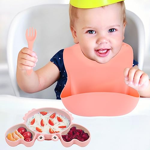 Baby Feeding Set, 9 in 1 Silicone Toddler Weaning Set- Adjustable Bib, Crab Pattern Divided Plate, Sucking Bowl, 2 Pairs of Feeding Spoons and Forks, Snack Cup, Drinking Cup for Babies and Toddler