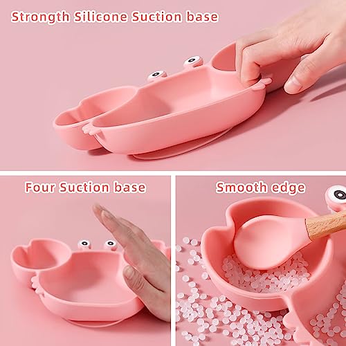 Baby Feeding Set, 9 in 1 Silicone Toddler Weaning Set- Adjustable Bib, Crab Pattern Divided Plate, Sucking Bowl, 2 Pairs of Feeding Spoons and Forks, Snack Cup, Drinking Cup for Babies and Toddler