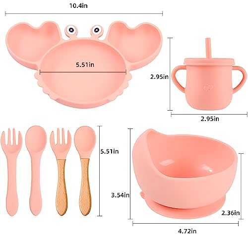 Baby Feeding Set, 9 in 1 Silicone Toddler Weaning Set- Adjustable Bib, Crab Pattern Divided Plate, Sucking Bowl, 2 Pairs of Feeding Spoons and Forks, Snack Cup, Drinking Cup for Babies and Toddler