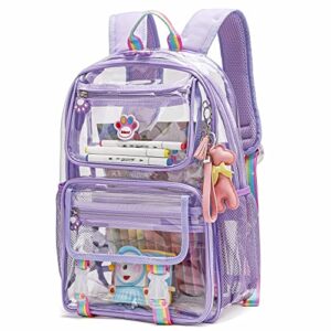 maod clear backpack heavy duty stadium approved pvc transparent large school book bag with free sticker and a pendant (purple)