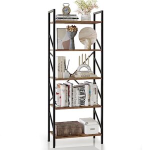 huhote 5 tier bookshelf bookcase wood tall bookshelf open shelf,farmhouse bookshelf book case, industrial bookshelf storage organizer for bedroom,living room,office, rustic brown