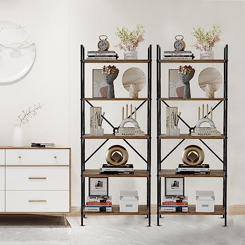 Huhote 5 Tier Bookshelf Bookcase Wood Tall Bookshelf Open Shelf,Farmhouse Bookshelf Book case, Industrial Bookshelf Storage Organizer for Bedroom,Living Room,Office, Rustic Brown