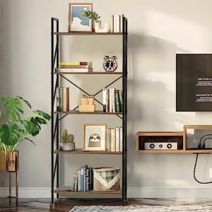 Huhote 5 Tier Bookshelf Bookcase Wood Tall Bookshelf Open Shelf,Farmhouse Bookshelf Book case, Industrial Bookshelf Storage Organizer for Bedroom,Living Room,Office, Rustic Brown