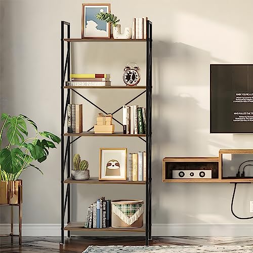 Huhote 5 Tier Bookshelf Bookcase Wood Tall Bookshelf Open Shelf,Farmhouse Bookshelf Book case, Industrial Bookshelf Storage Organizer for Bedroom,Living Room,Office, Rustic Brown