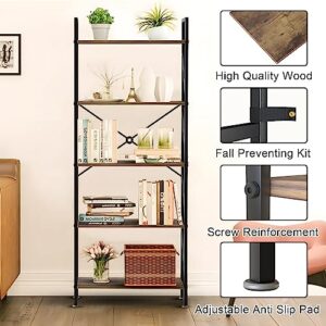 Huhote 5 Tier Bookshelf Bookcase Wood Tall Bookshelf Open Shelf,Farmhouse Bookshelf Book case, Industrial Bookshelf Storage Organizer for Bedroom,Living Room,Office, Rustic Brown