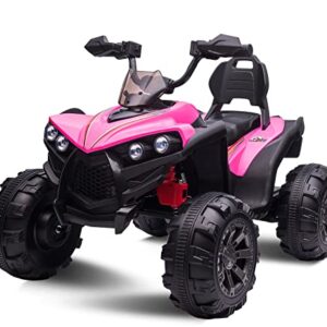 OTTARO 12V Ride on ATV 2 Seater, 4 Wheeler Electric Quad for Kids 3-8 w/ 17" Length Seat, LED Lights, 2 Speeds, Soft Braking, Rear Pedal & Backrest (Pink)