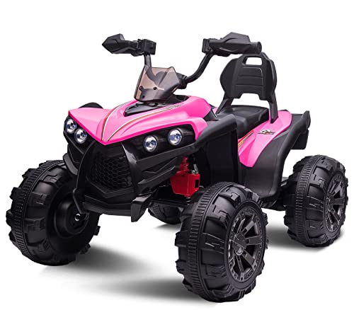 OTTARO 12V Ride on ATV 2 Seater, 4 Wheeler Electric Quad for Kids 3-8 w/ 17" Length Seat, LED Lights, 2 Speeds, Soft Braking, Rear Pedal & Backrest (Pink)