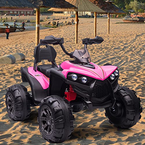 OTTARO 12V Ride on ATV 2 Seater, 4 Wheeler Electric Quad for Kids 3-8 w/ 17" Length Seat, LED Lights, 2 Speeds, Soft Braking, Rear Pedal & Backrest (Pink)