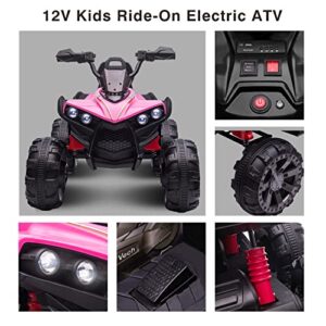 OTTARO 12V Ride on ATV 2 Seater, 4 Wheeler Electric Quad for Kids 3-8 w/ 17" Length Seat, LED Lights, 2 Speeds, Soft Braking, Rear Pedal & Backrest (Pink)